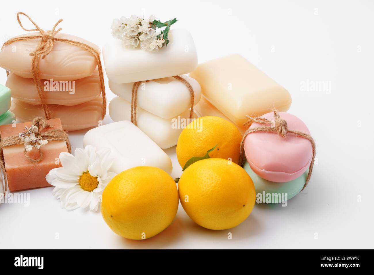 Handmade citrus soap and fresh fruit on white background Stock Photo ...