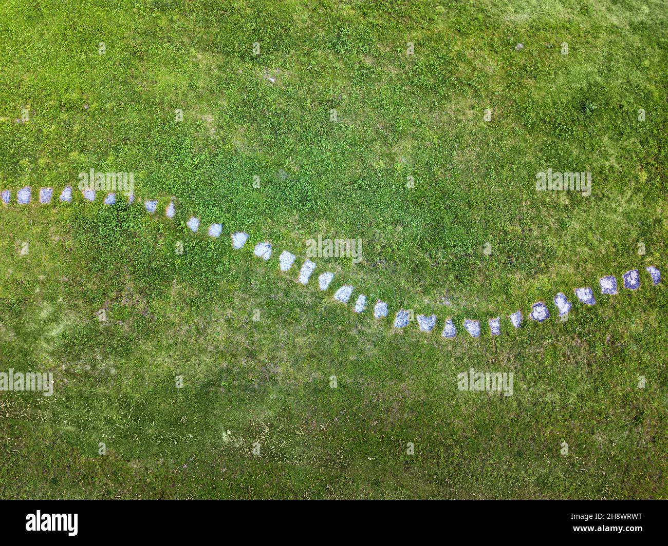 A curvy stone path through the green meadow (aerial photography with ...