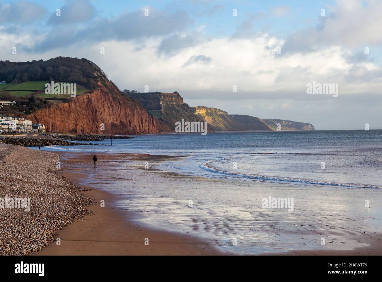 Views of beach, seashore and cliffs of Jurassic Coast at Sidmouth ...