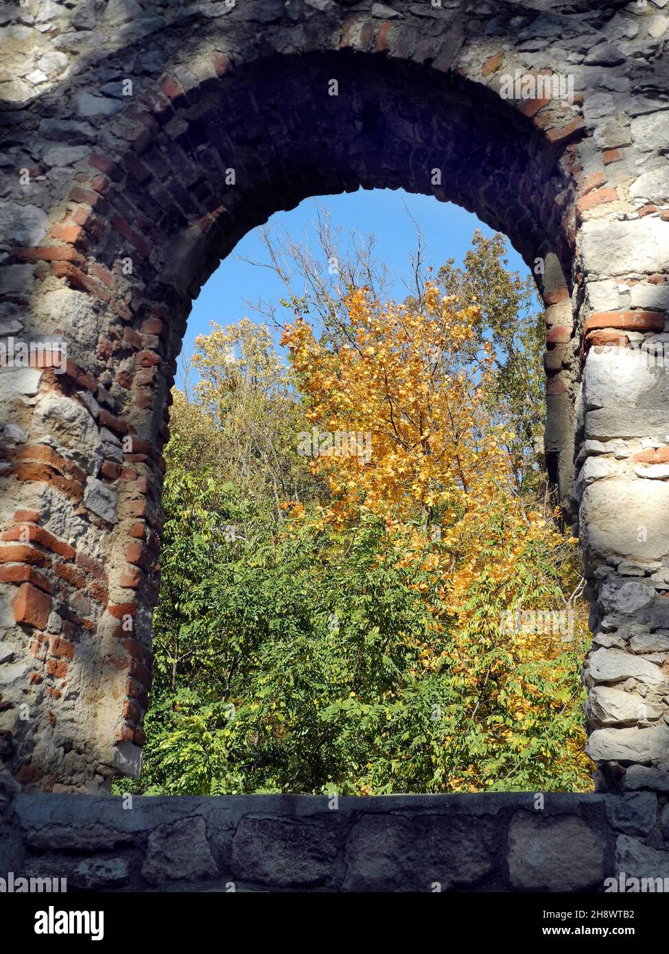Lower Austria, looking through the window of a medieval ruin at the ...