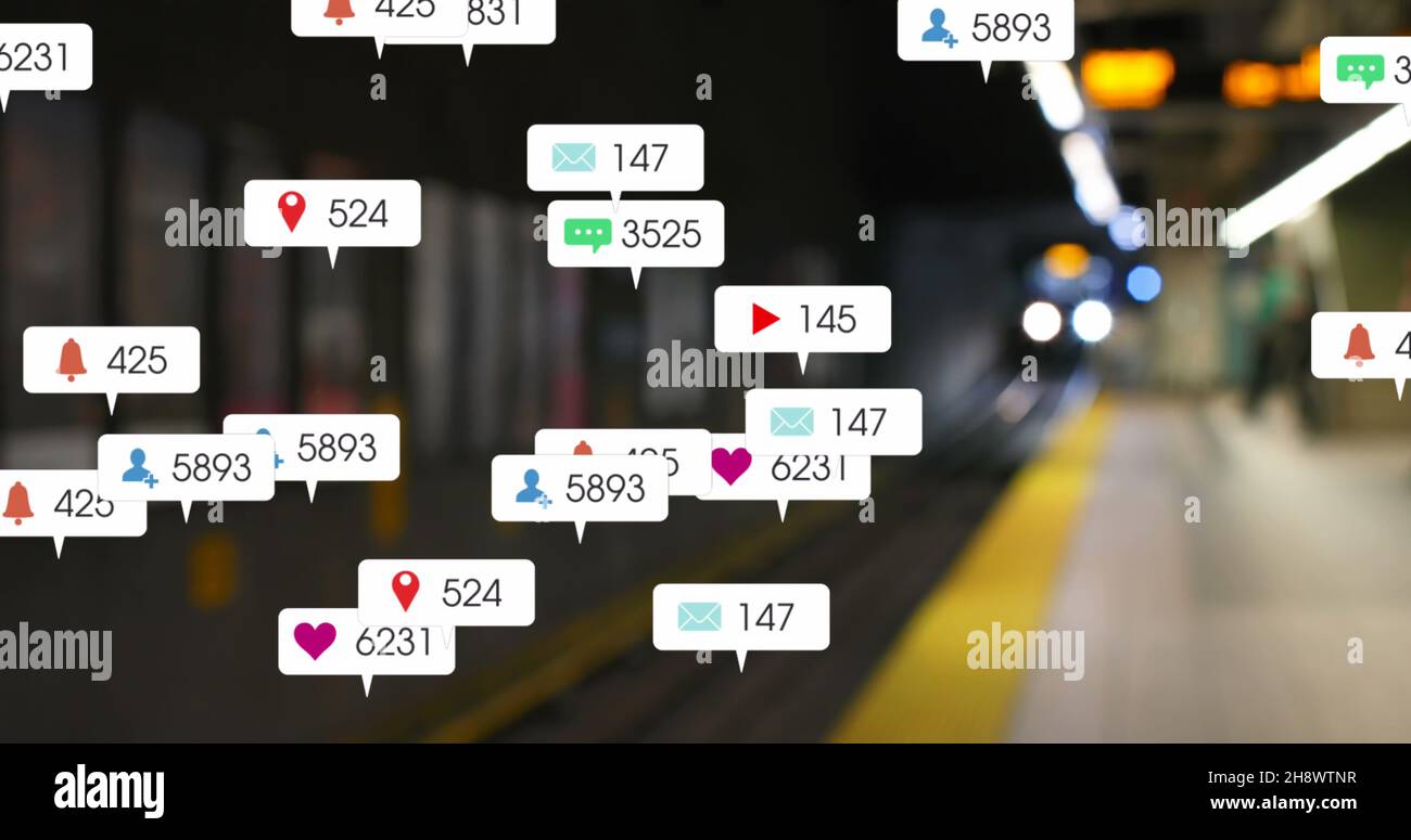 Image of social media icons and numbers over train in station Stock ...