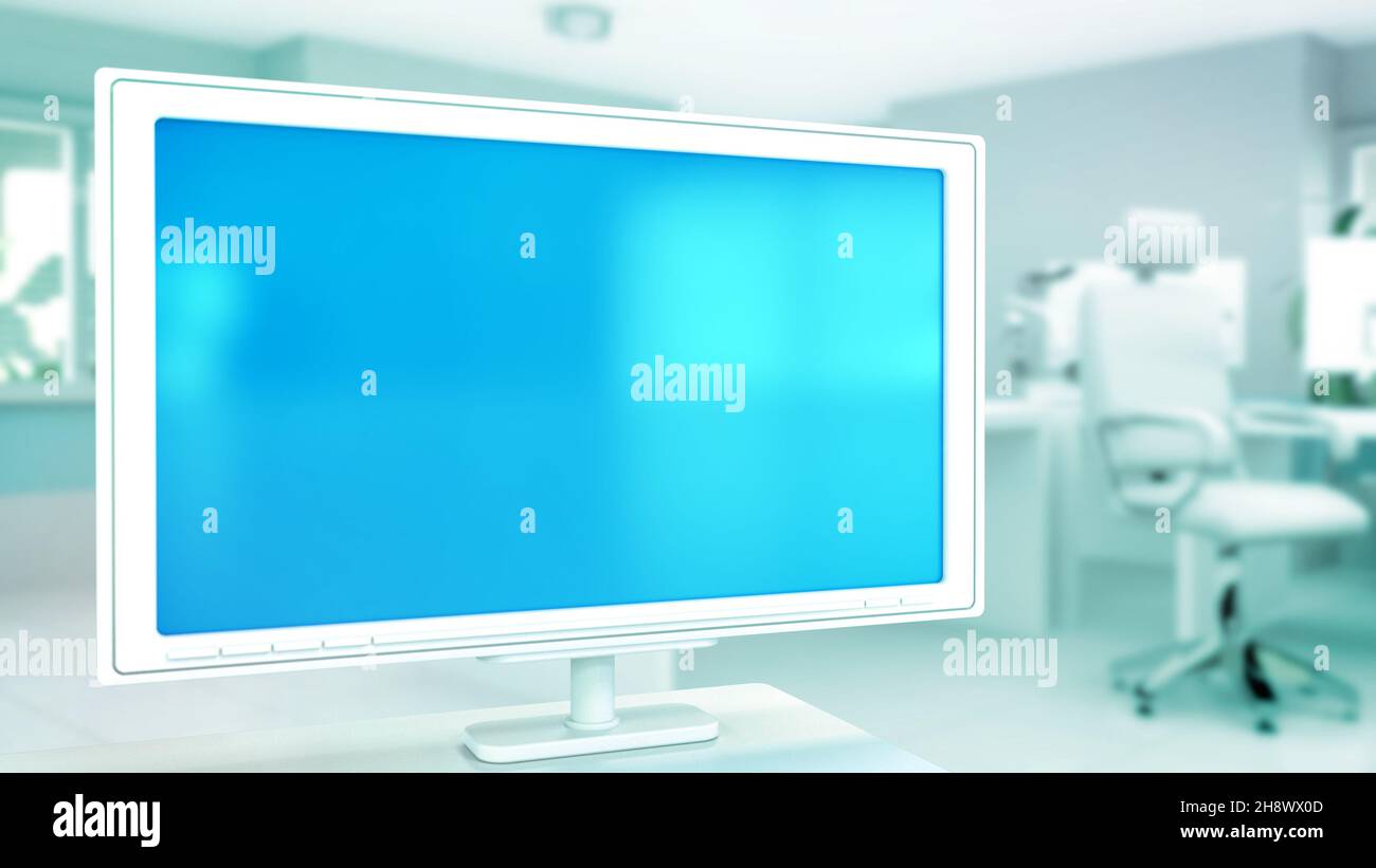 beautiful mockup - blue screen monitor in office with empty place - cg ...