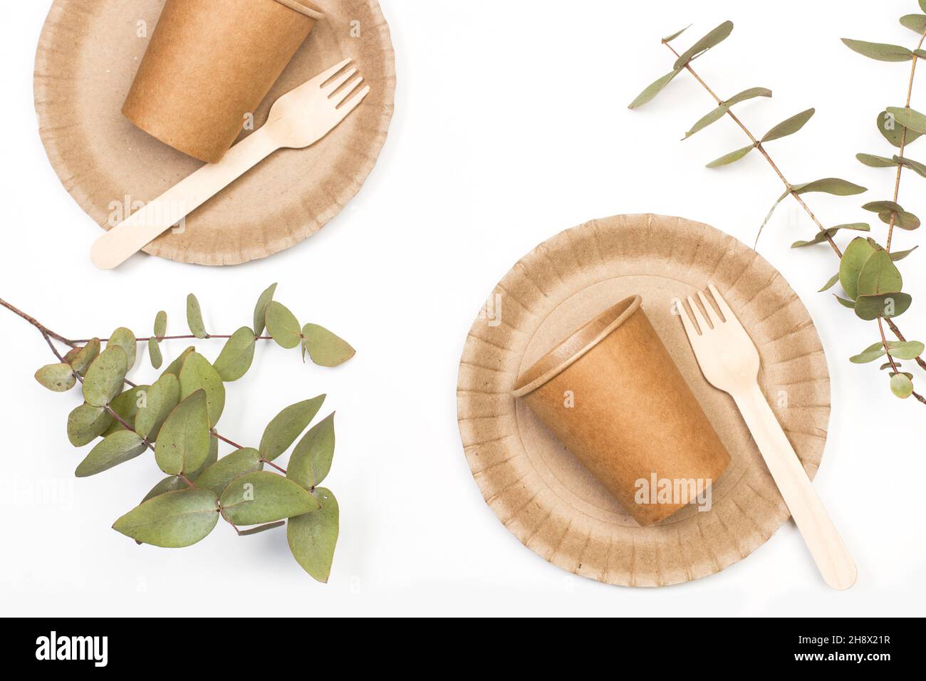 Disposable cups, plates and wooden cutlery on a white background Stock ...