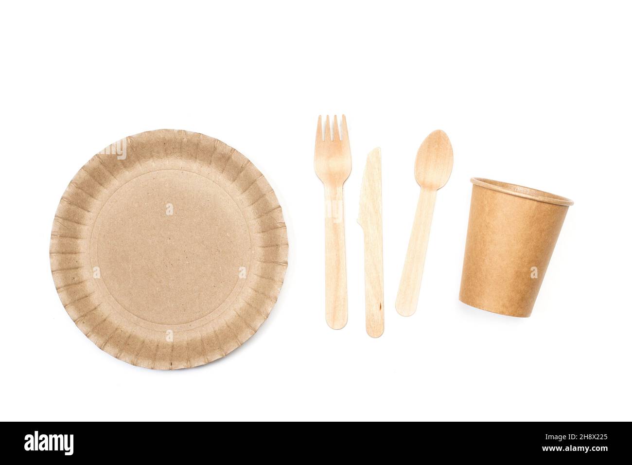 Disposable cup, plate and wooden cutlery on a white background Stock ...