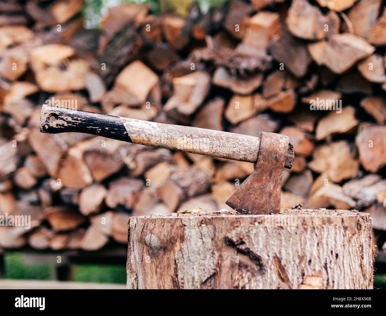 Axe in the stump hi-res stock photography and images - Alamy