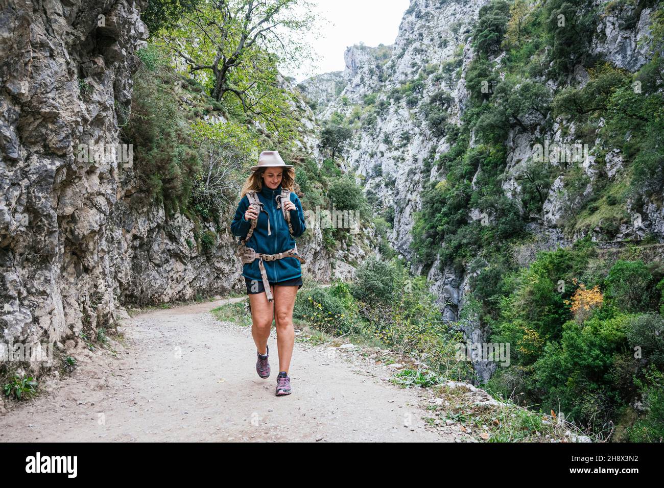 Full body of female backpacker strolling in pathway past border while ...