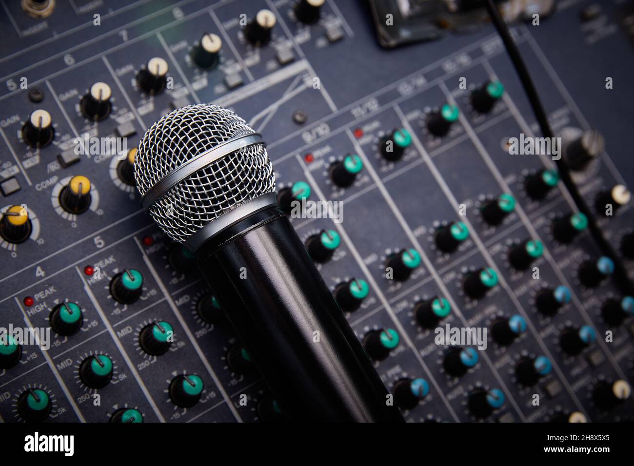 Mixing console microphone top view. Copy space Stock Photo - Alamy