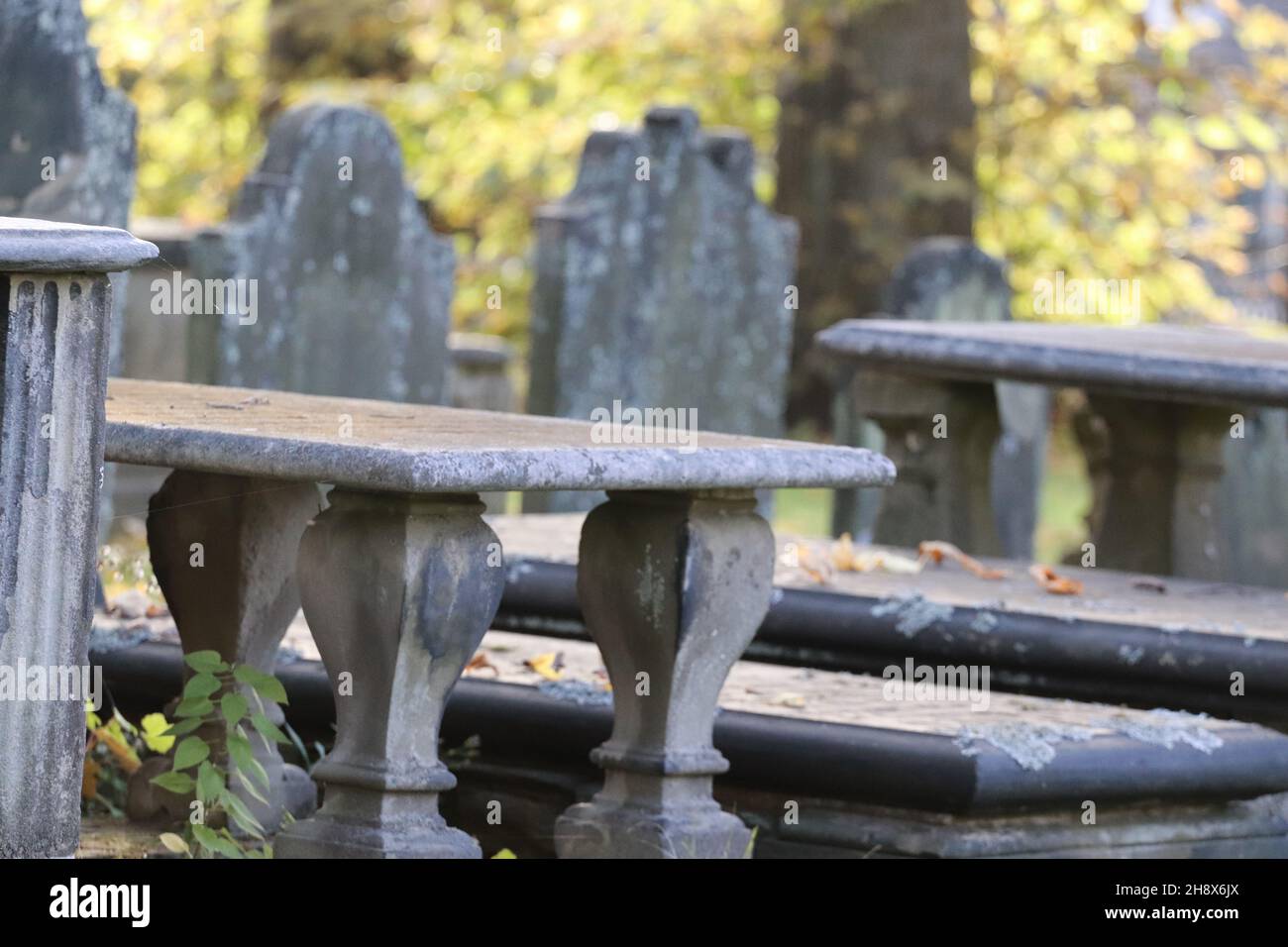 Old stone benches and tables in the gardens of the cemetery in Halifax ...