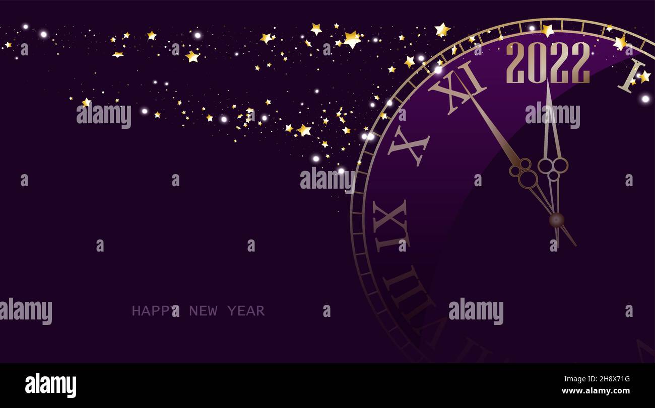 Half hidden golden clock showing 2022. Stars confetti. Purple ...