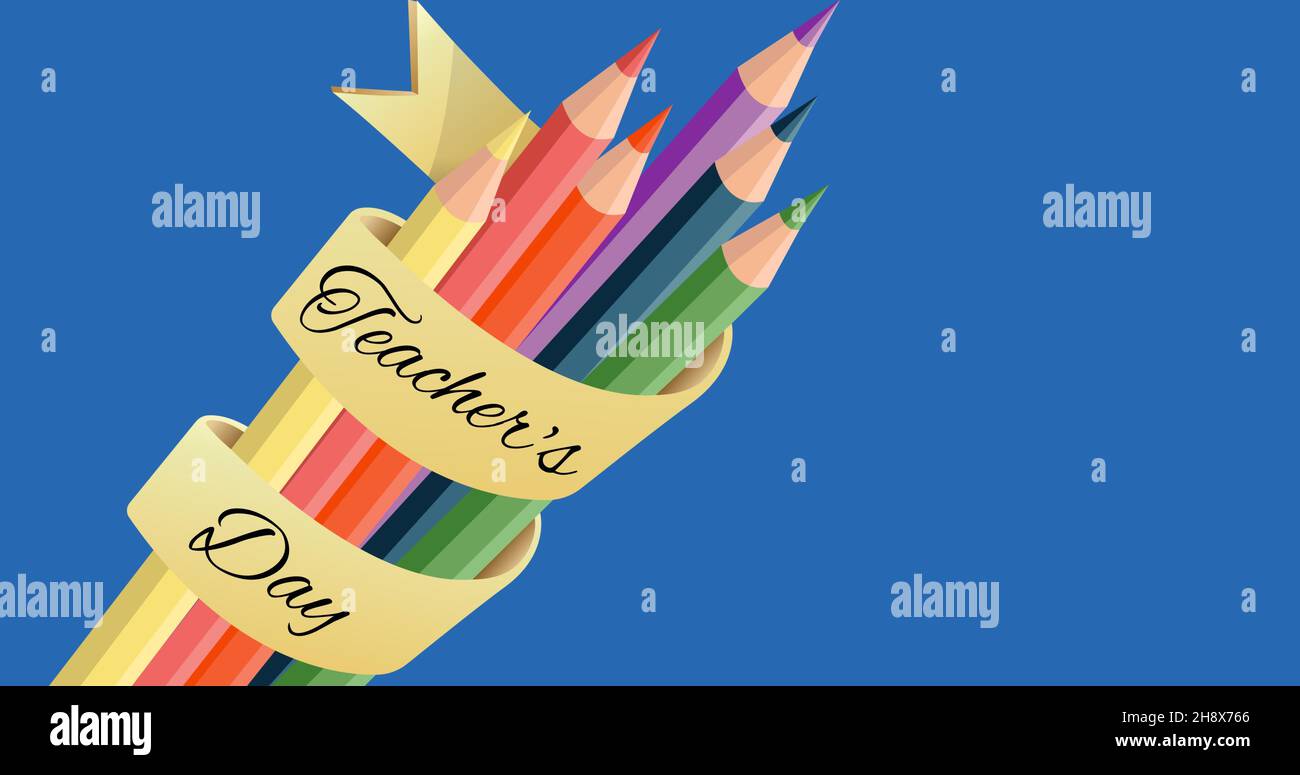 Teacher's day text on ribbon around colored pencils over blue ...