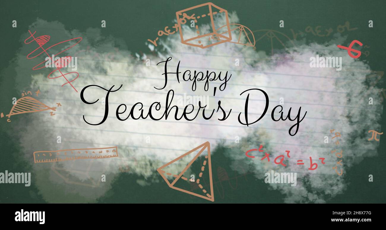 Composite image of happy teacher's day text with mathematics diagrams ...