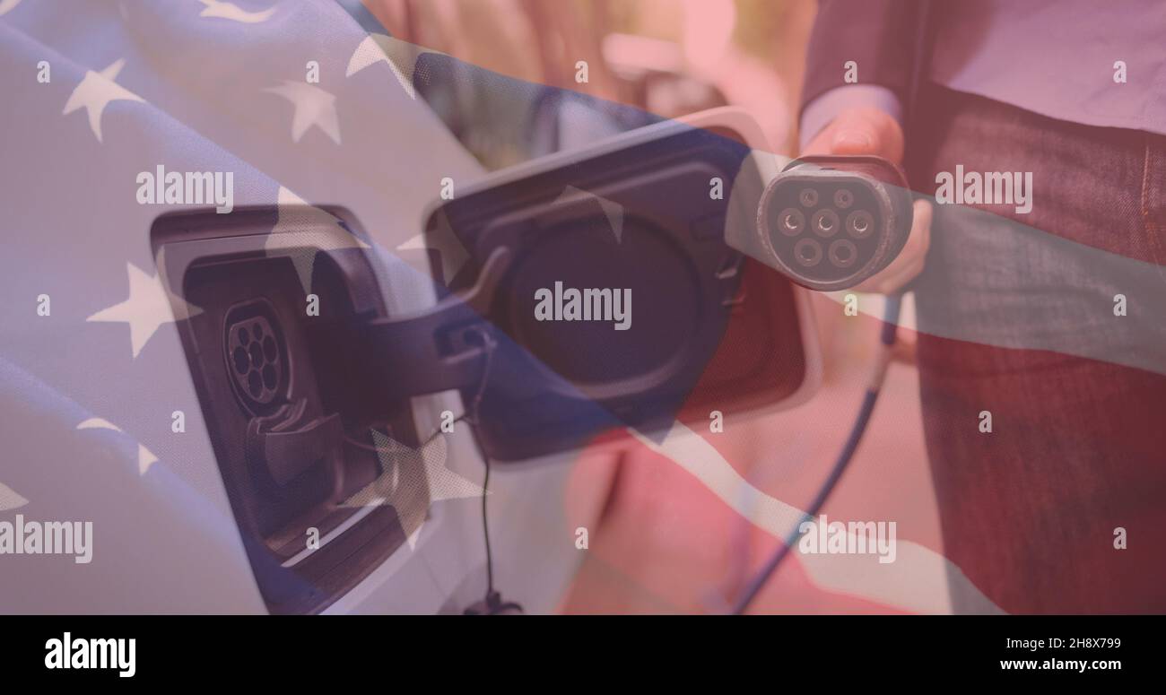 Multiple exposure of man holding charging plug by electric car at ...