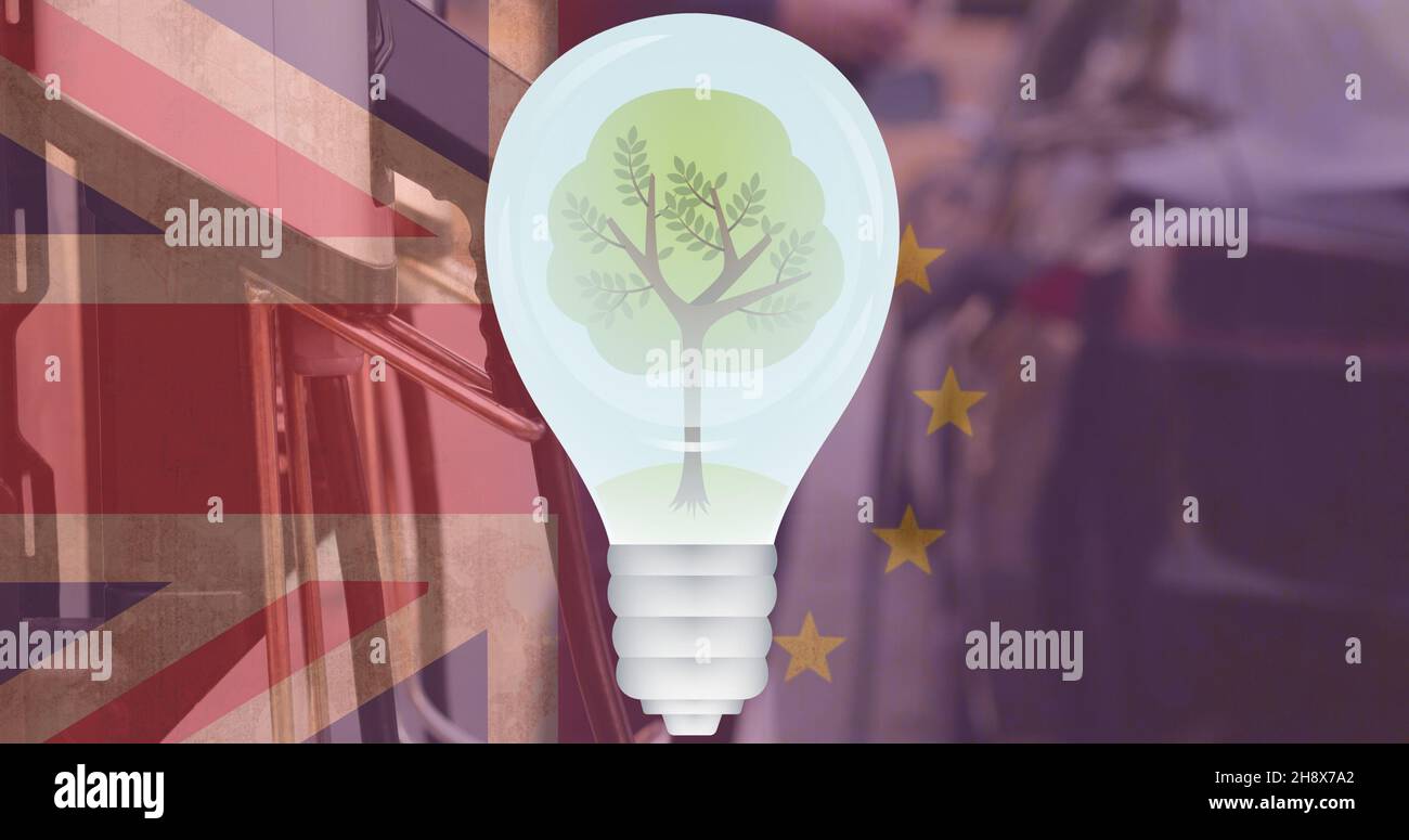 Double exposure of light bulb with european union and british flag over ...