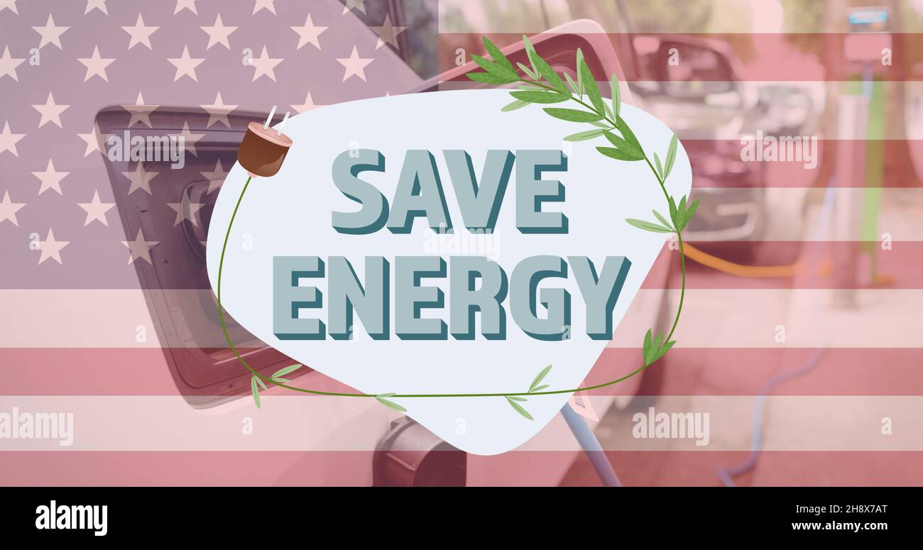 Multiple exposure of save energy over american flag with electric car ...