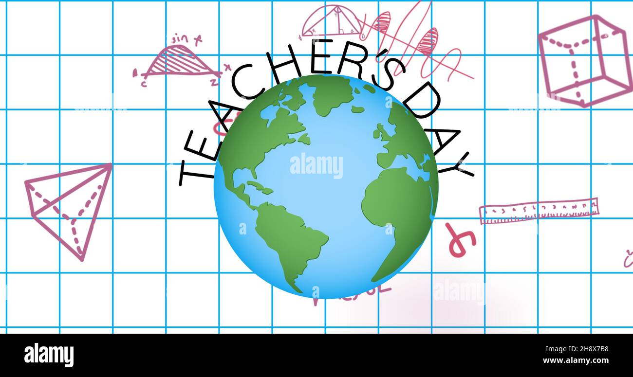 Vector image of teacher's day text on earth with mathematics diagrams ...