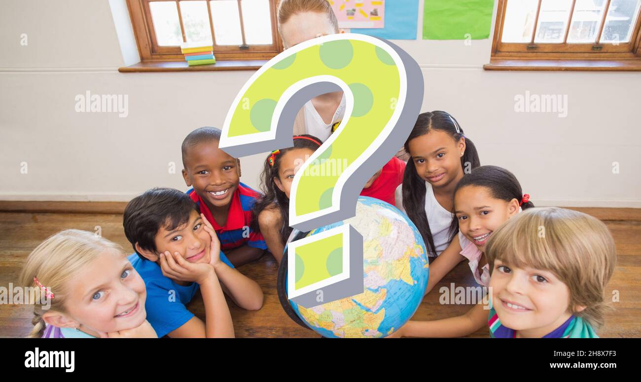 Digital composite of question mark over smiling teacher and students ...