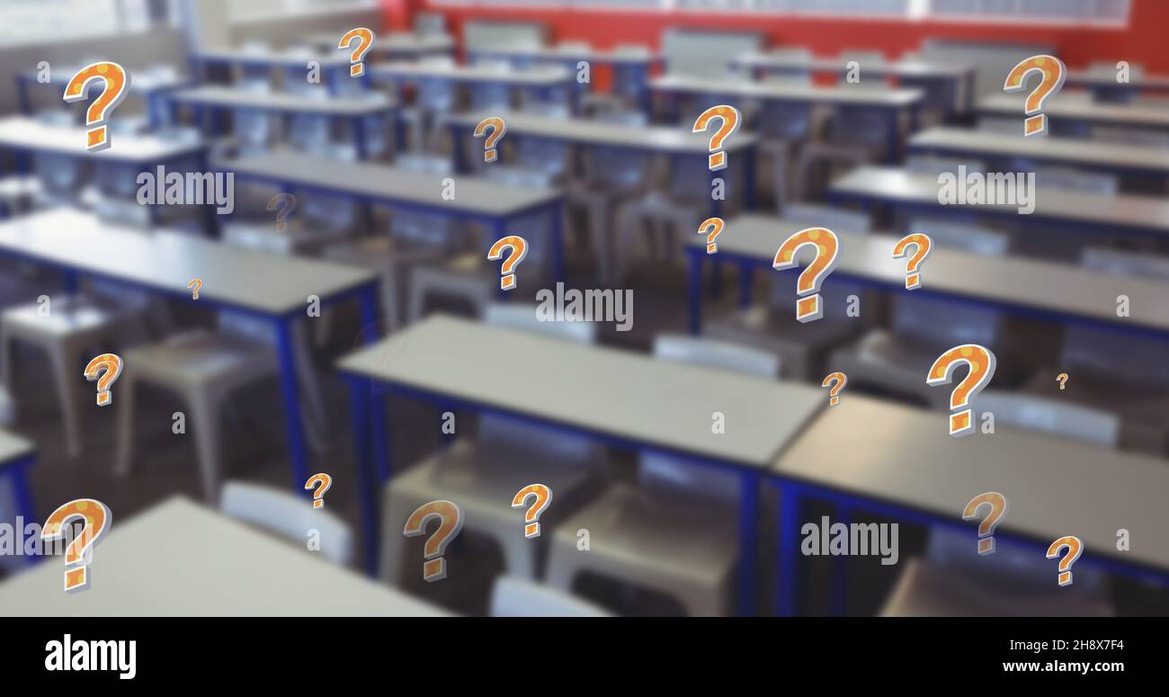 Digital composite of question marks over empty desks and stools in ...
