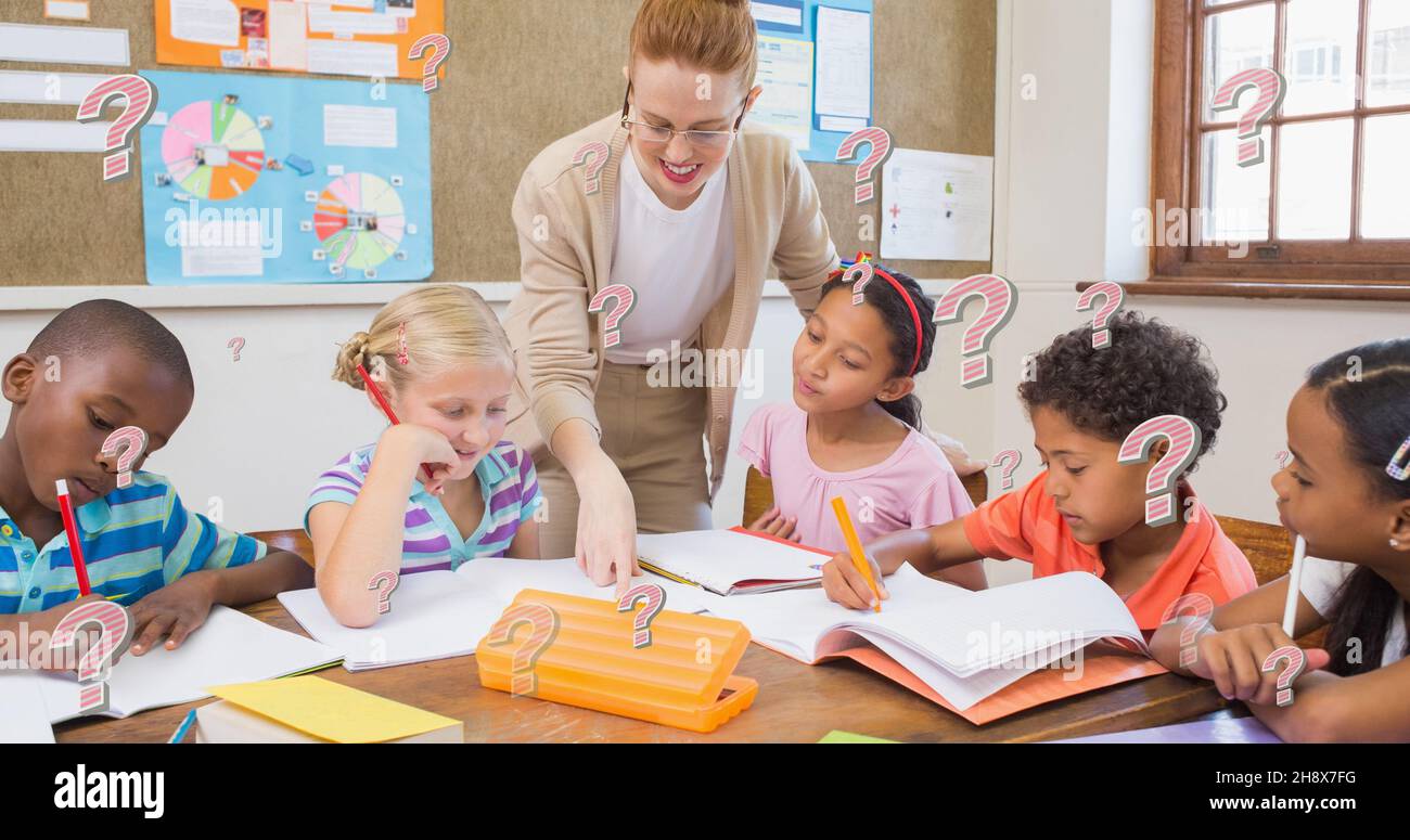 Digital composite of smiling teacher guiding students in classroom with ...