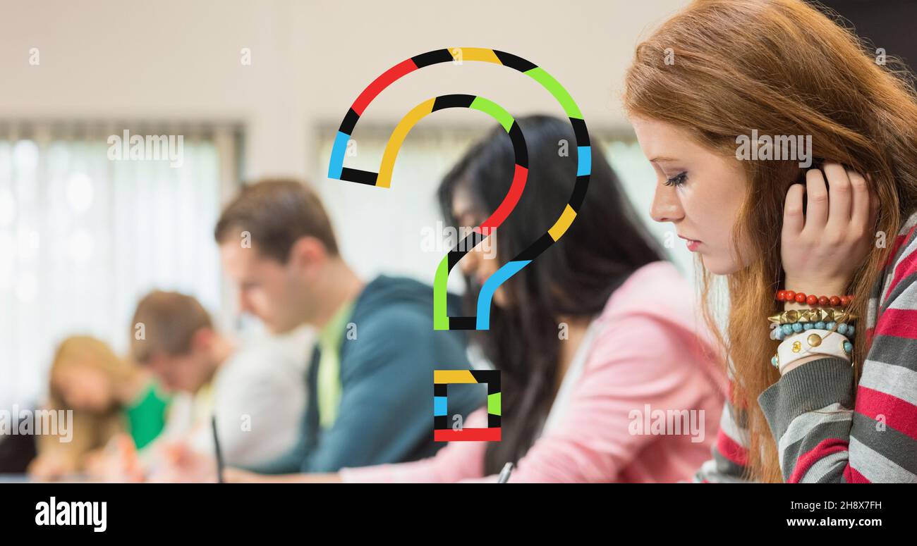 Digital composite of multi colored question mark over college students ...
