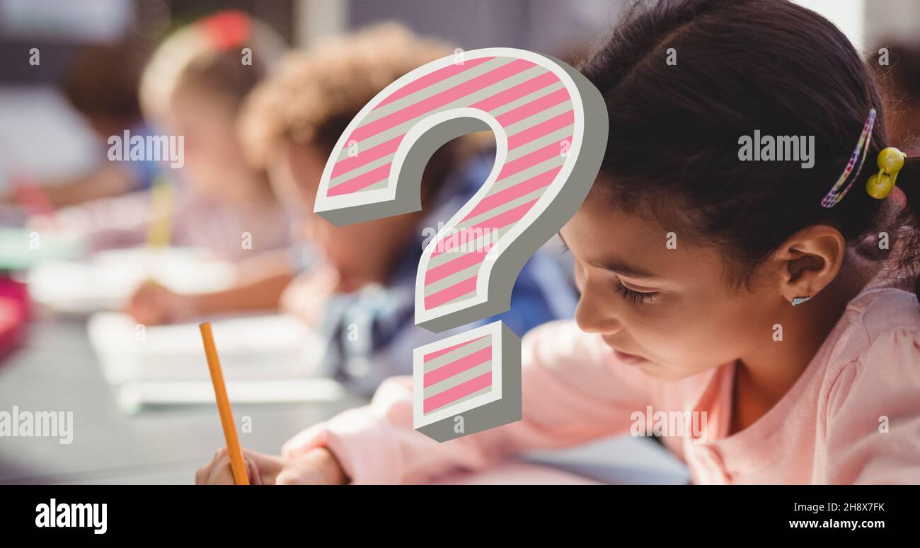 Digital composite of striped question mark over schoolgirl writing by ...