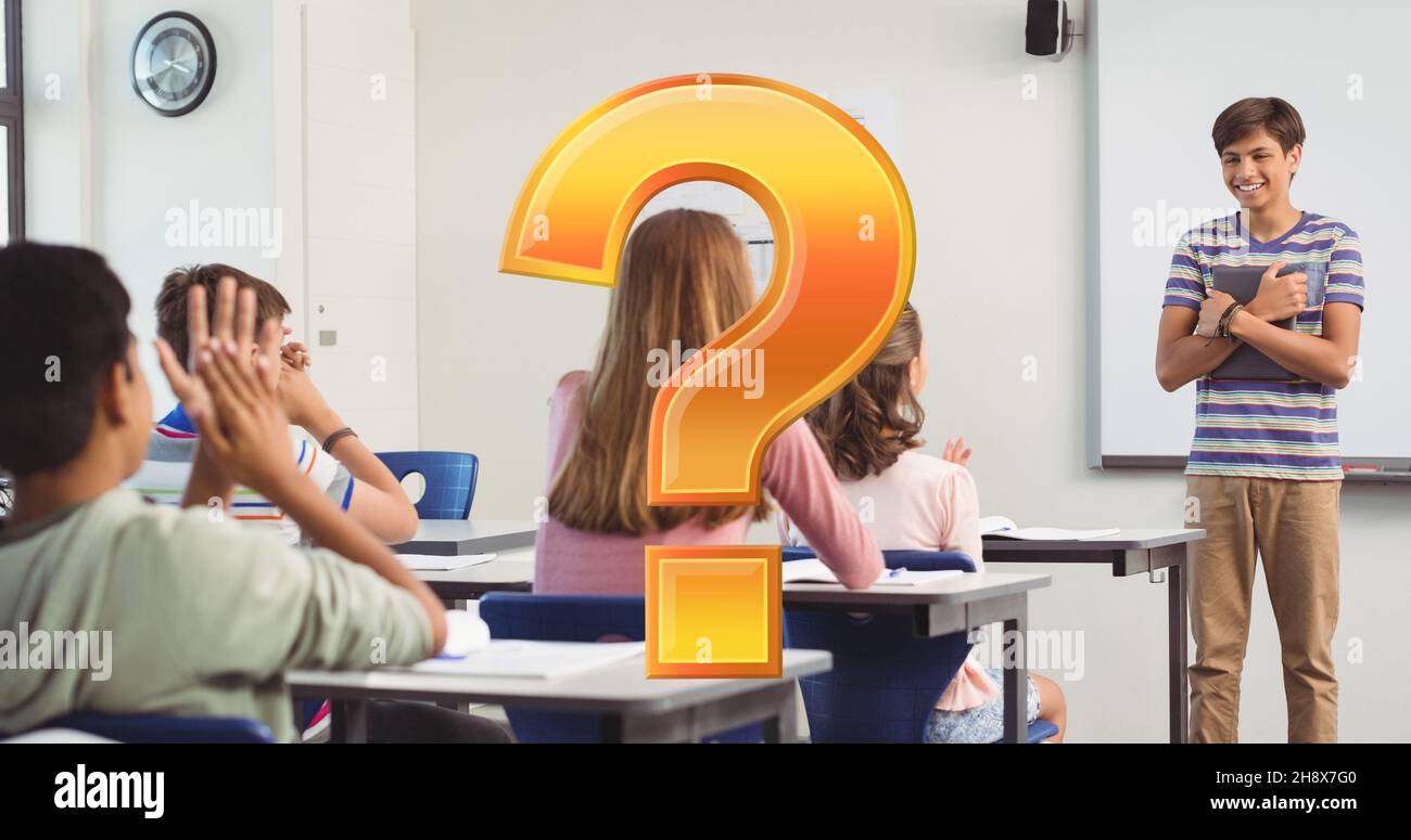 Digital composite of question mark over students in classroom at high ...