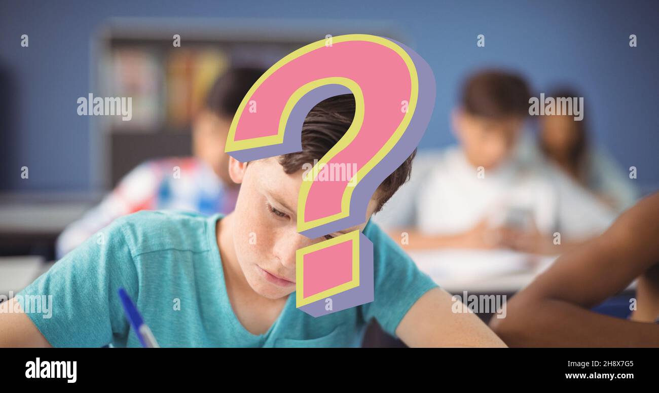 Digital composite of pink question mark over schoolboy writing with ...