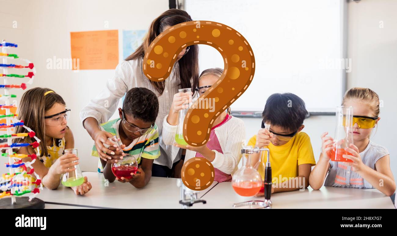 Digital composite of question mark over teacher assisting students in ...