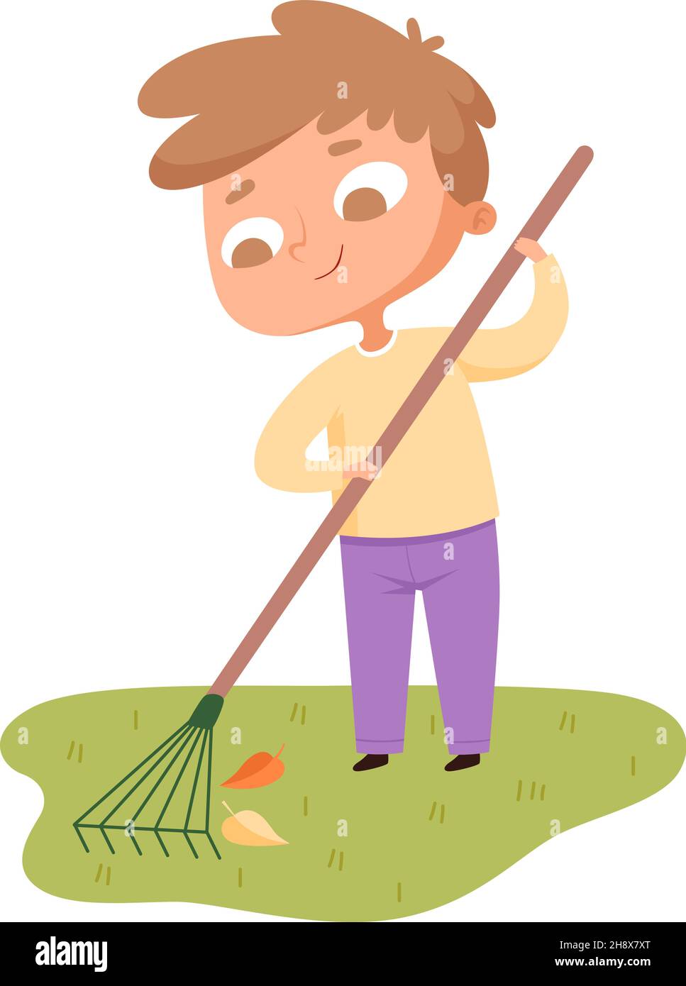 Boy collects leaves. Courtyard care in autumn time. Cute cartoon ...