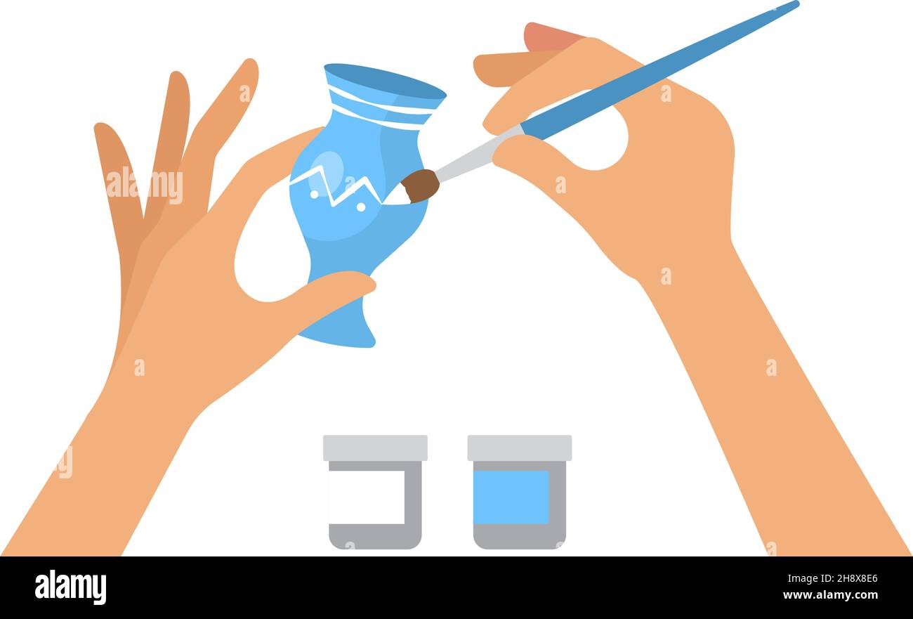 Hand made workshop. Kids lab, hand coloring blue ceramic vase. Home ...