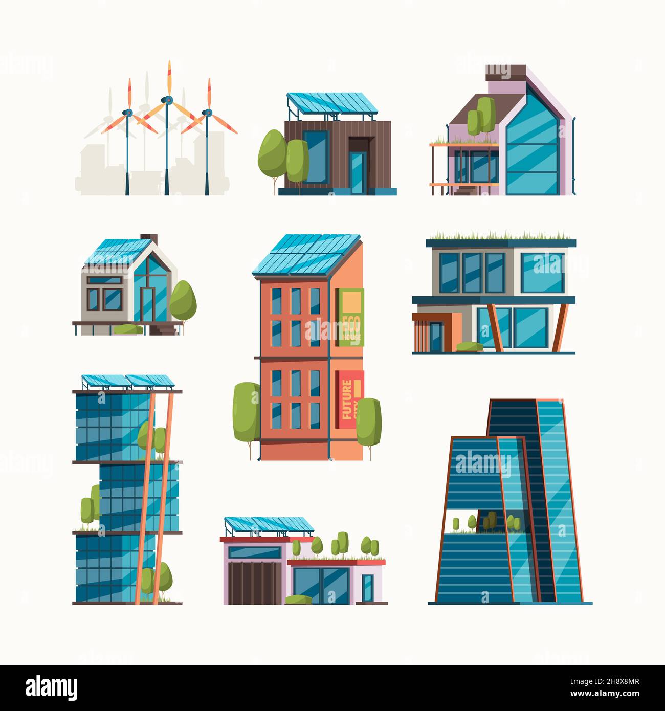 Eco friendly buildings. Smart city with future eco buildings and solar ...