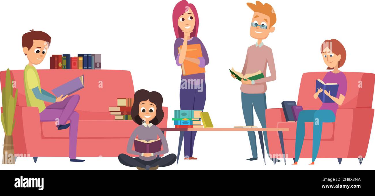 Reading club. Book readers, students or library visitors. Teenagers ...