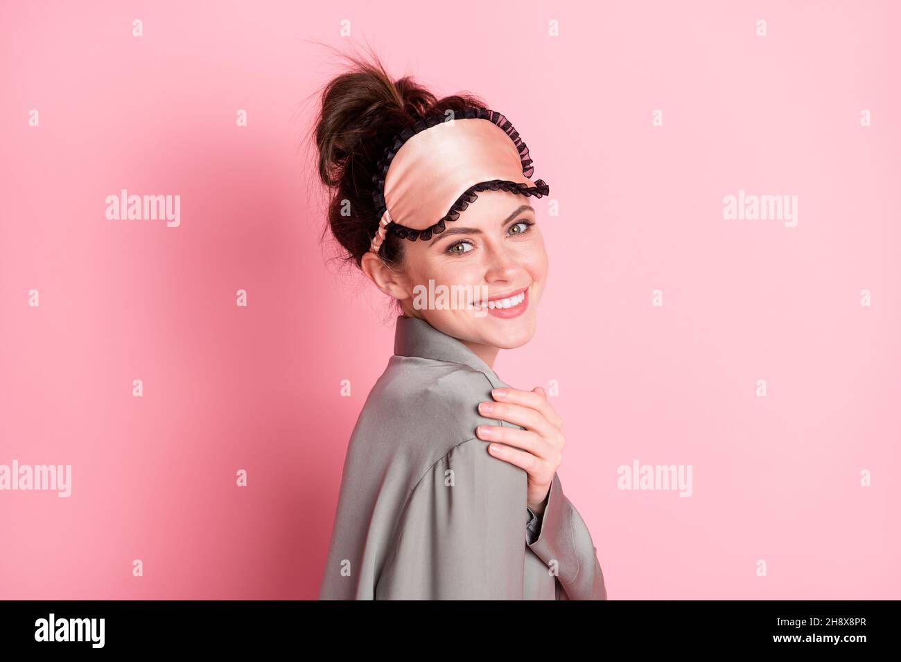 Profile side view portrait of attractive cheerful girl wearing pajama ...