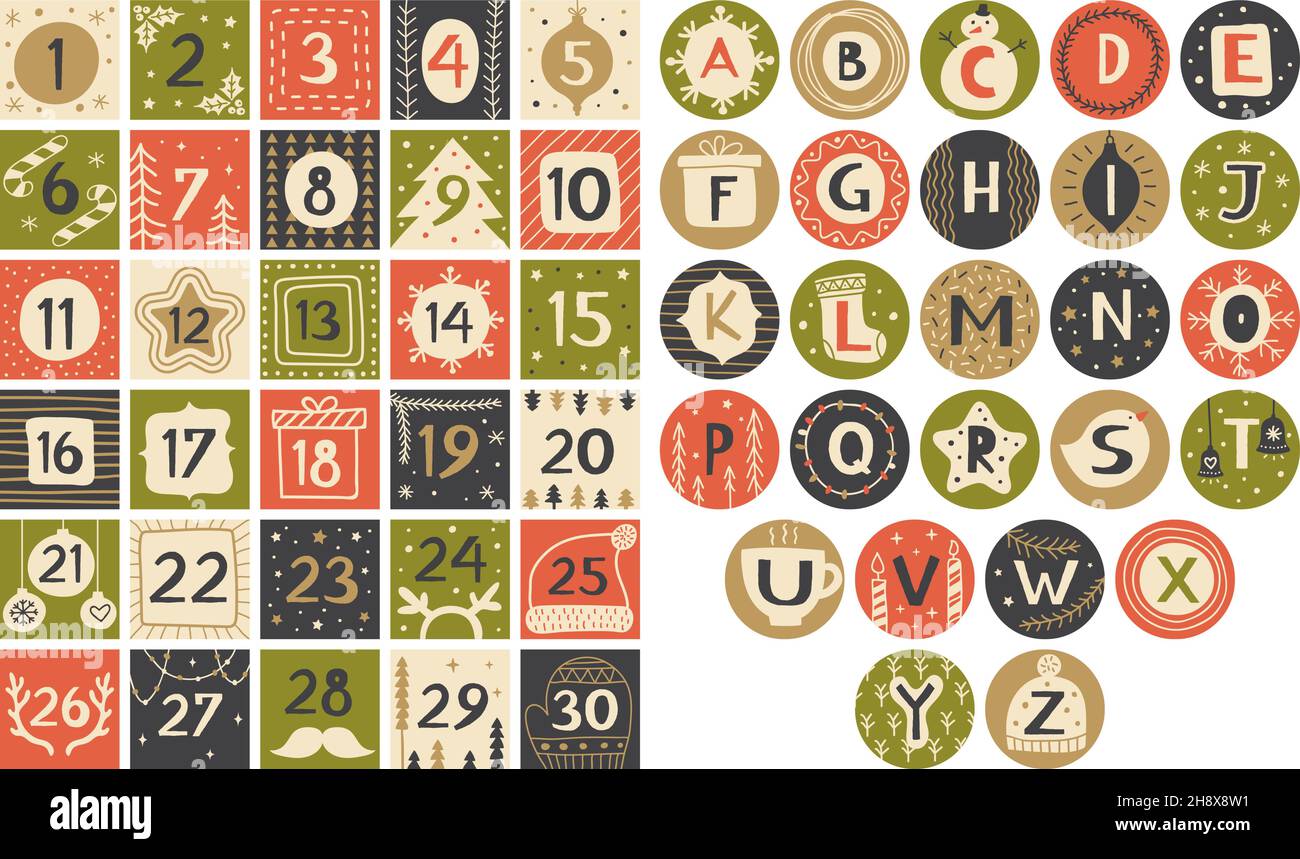 Party alphabet. Xmas letters and numbers stylized forms abc figures ...