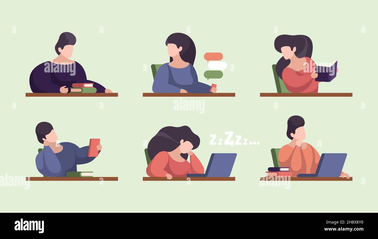 Students lecture. Lazy teens people studying in university lecture hall ...