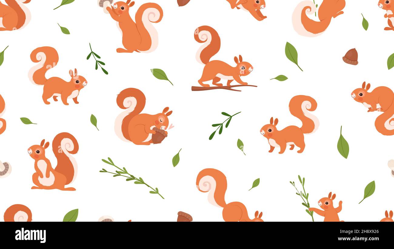Cute squirrel pattern. Forest wildlife, cartoon red squirrels vector seamless texture Stock ...