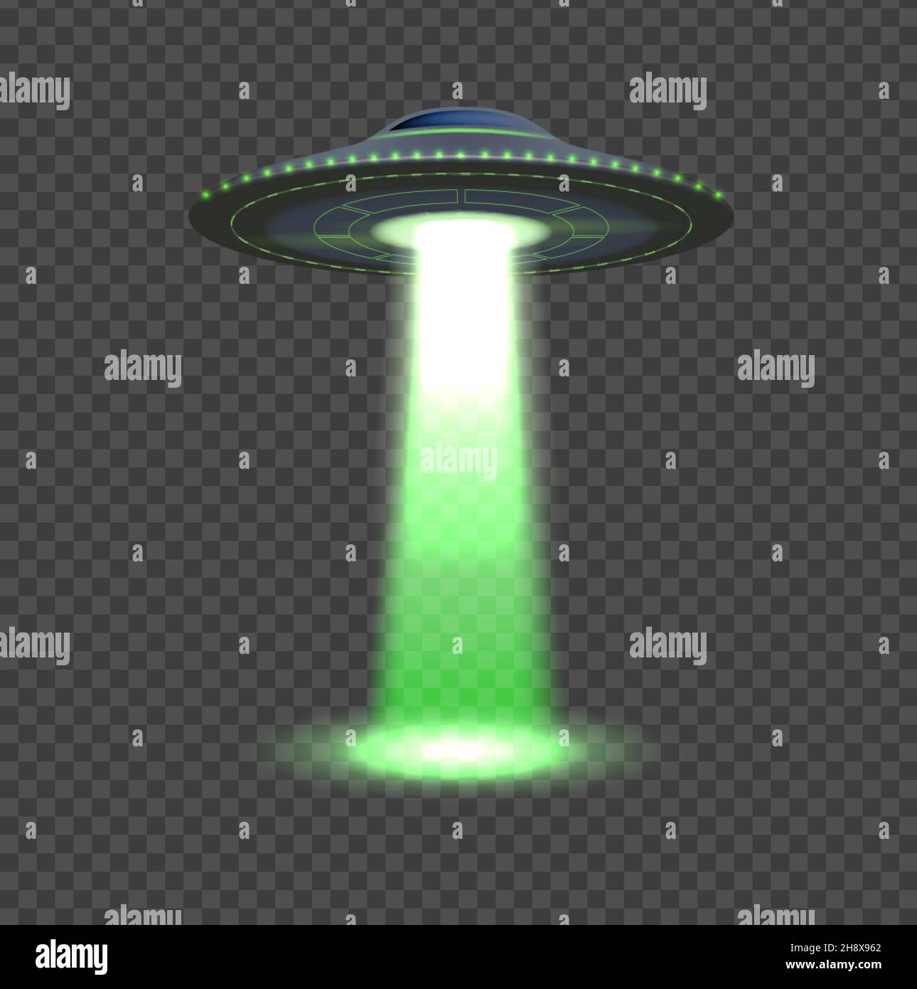 Aliens spaceship. UFO lights, 3d space object. Flying plate ship with ...