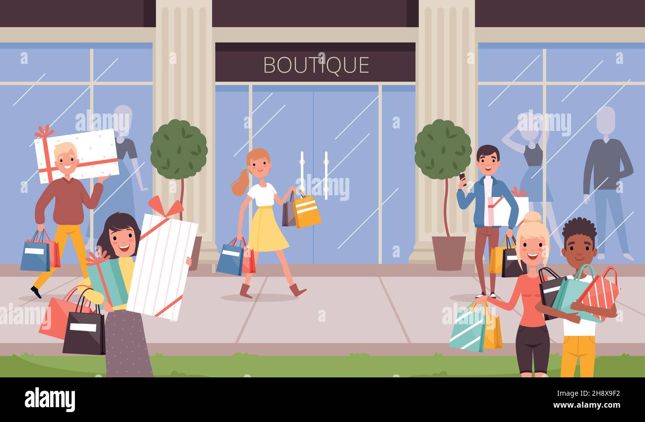 Buyers in mall. Fashion characters with bag walking near storefront ...