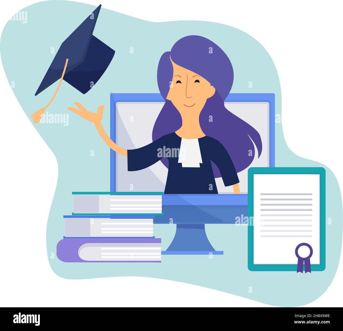 Remote graduation. Girl graduate online courses, modern study process ...