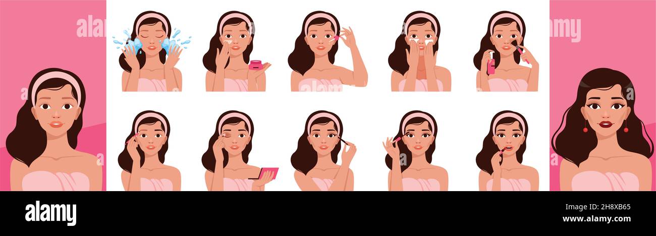 Girl skin cleaning. Makeup everyday routine processes pretty woman ...