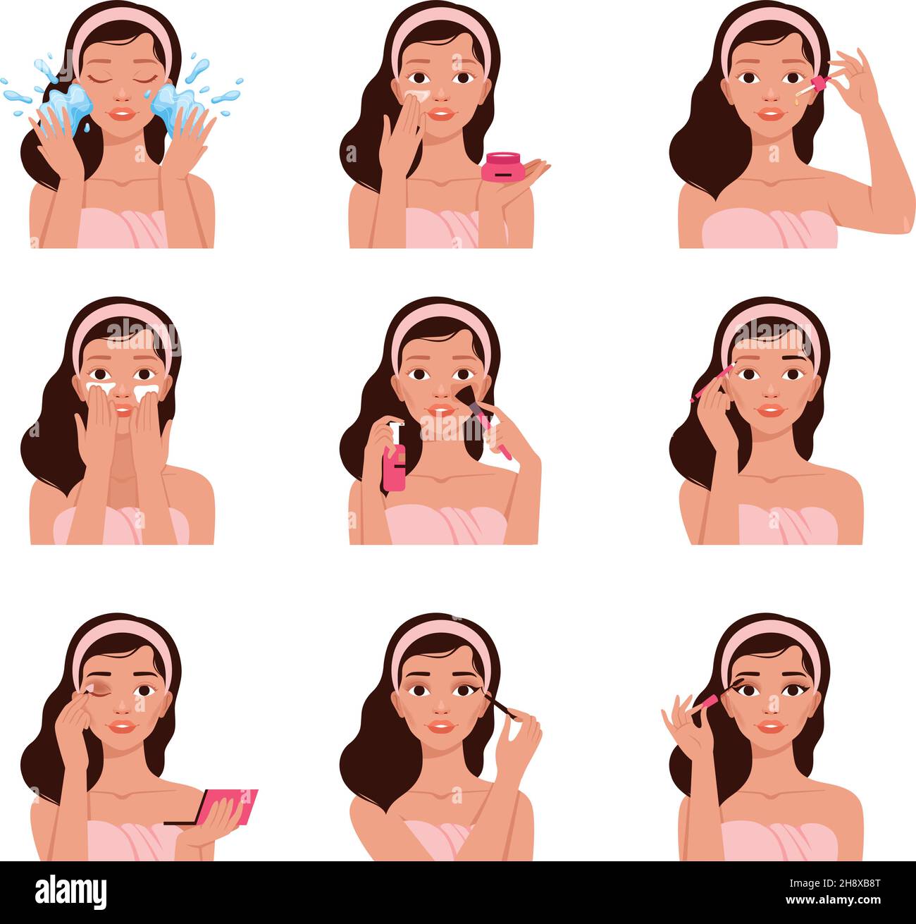 Makeup routine. Everyday woman cleaning skin removal cream cotton ...