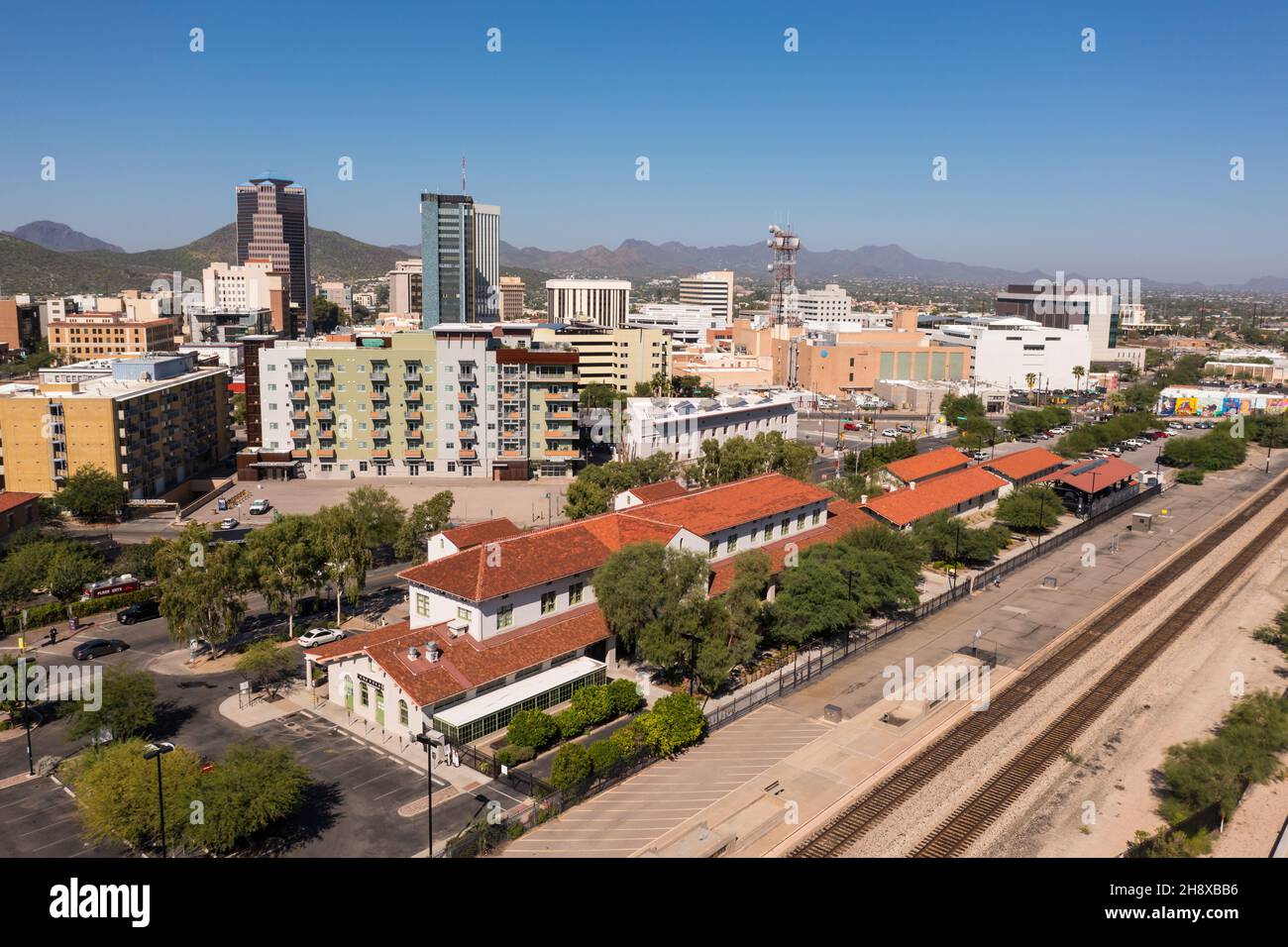 Tucson Arizona train station with skyline in background, aerial photo ...