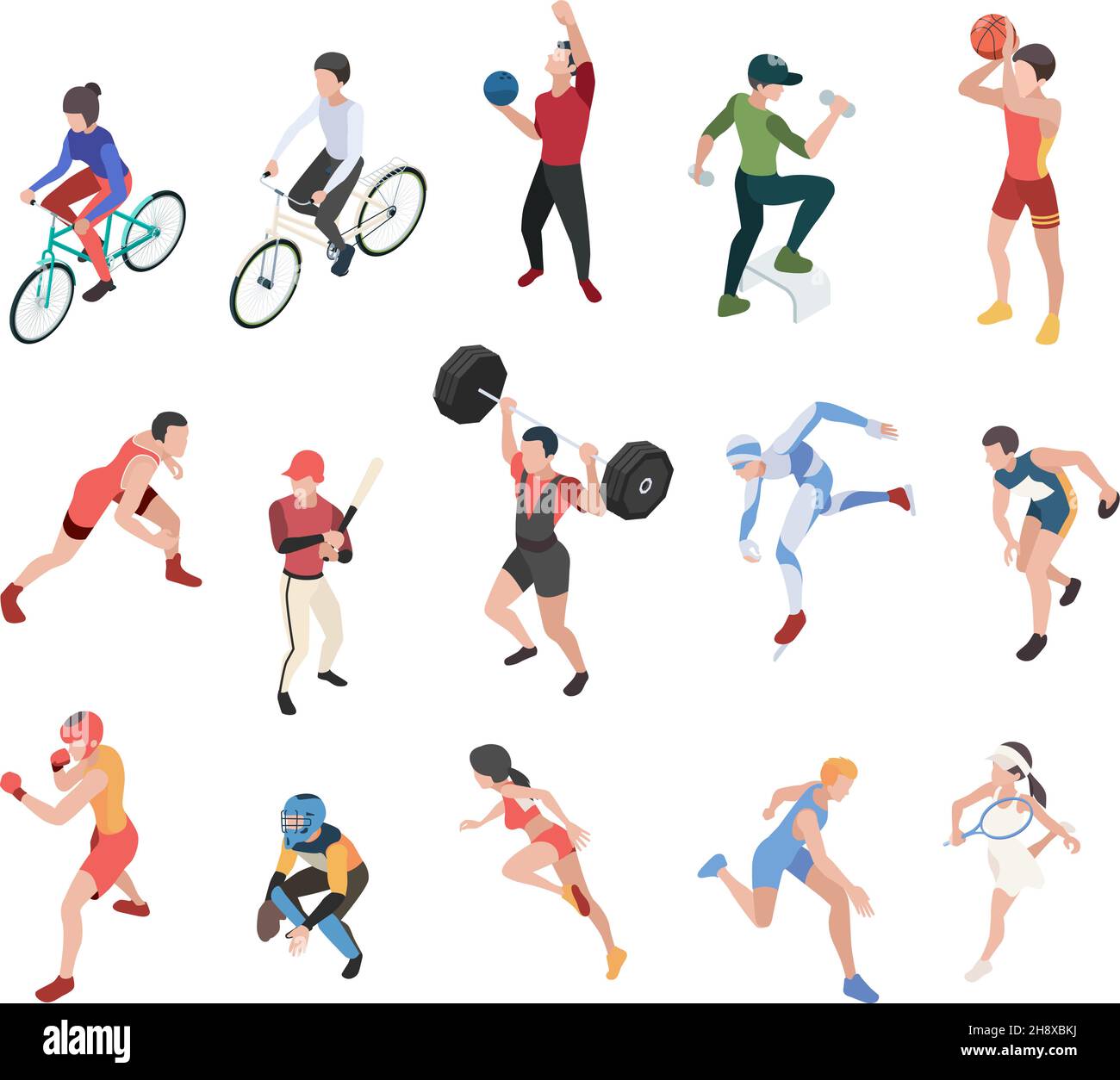 Diverse isometric sport characters. Runner, tennis player, basketball ...