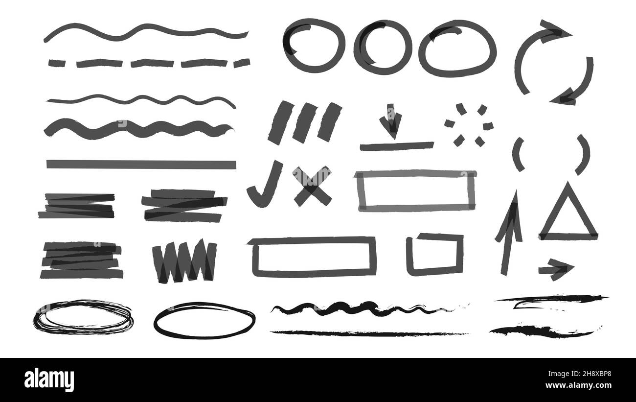 Markers line and tick marks. Pencil, highlighter elements. Drawing ...