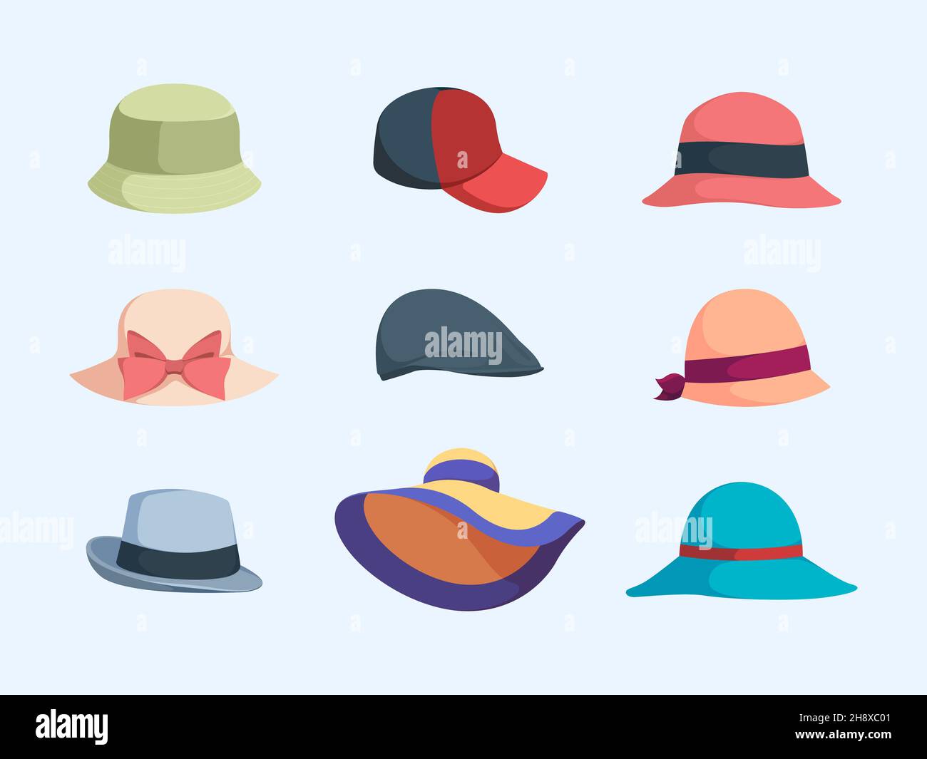 Caps and hats. Summer modern fashioned clothes accessories for head ...