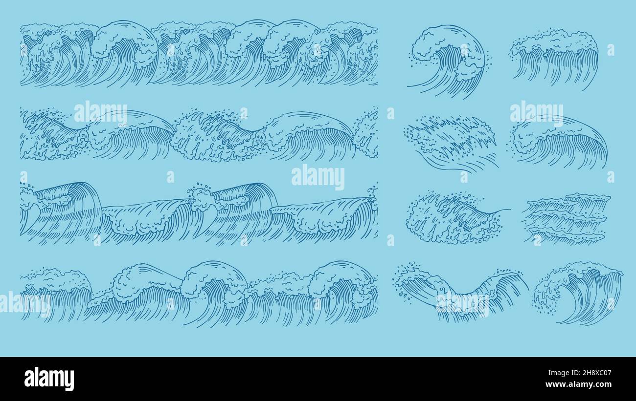 Drawing ocean waves. Seamless pattern or border wave and elements. Sea ...