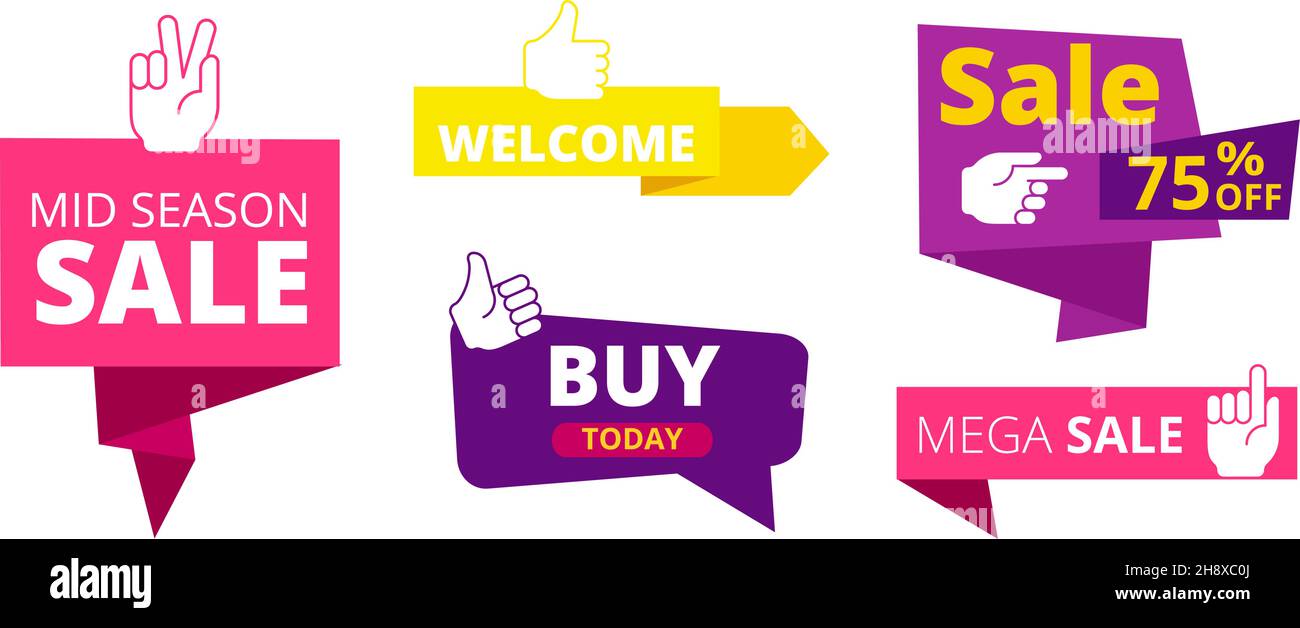 Sale banners. Welcome, discount stickers with like hand signs ...