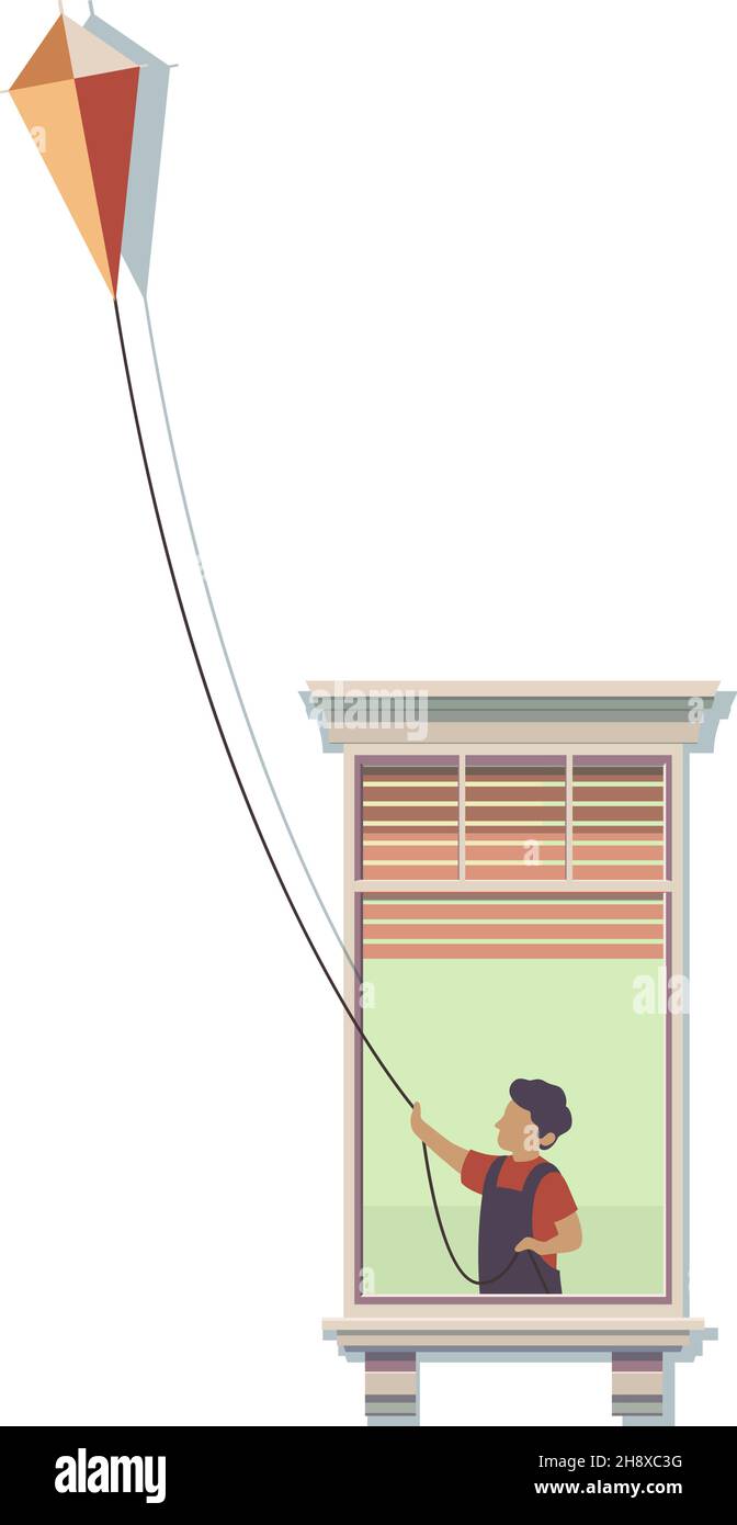 Boy playing with kite through window frame from inside apartment Stock ...