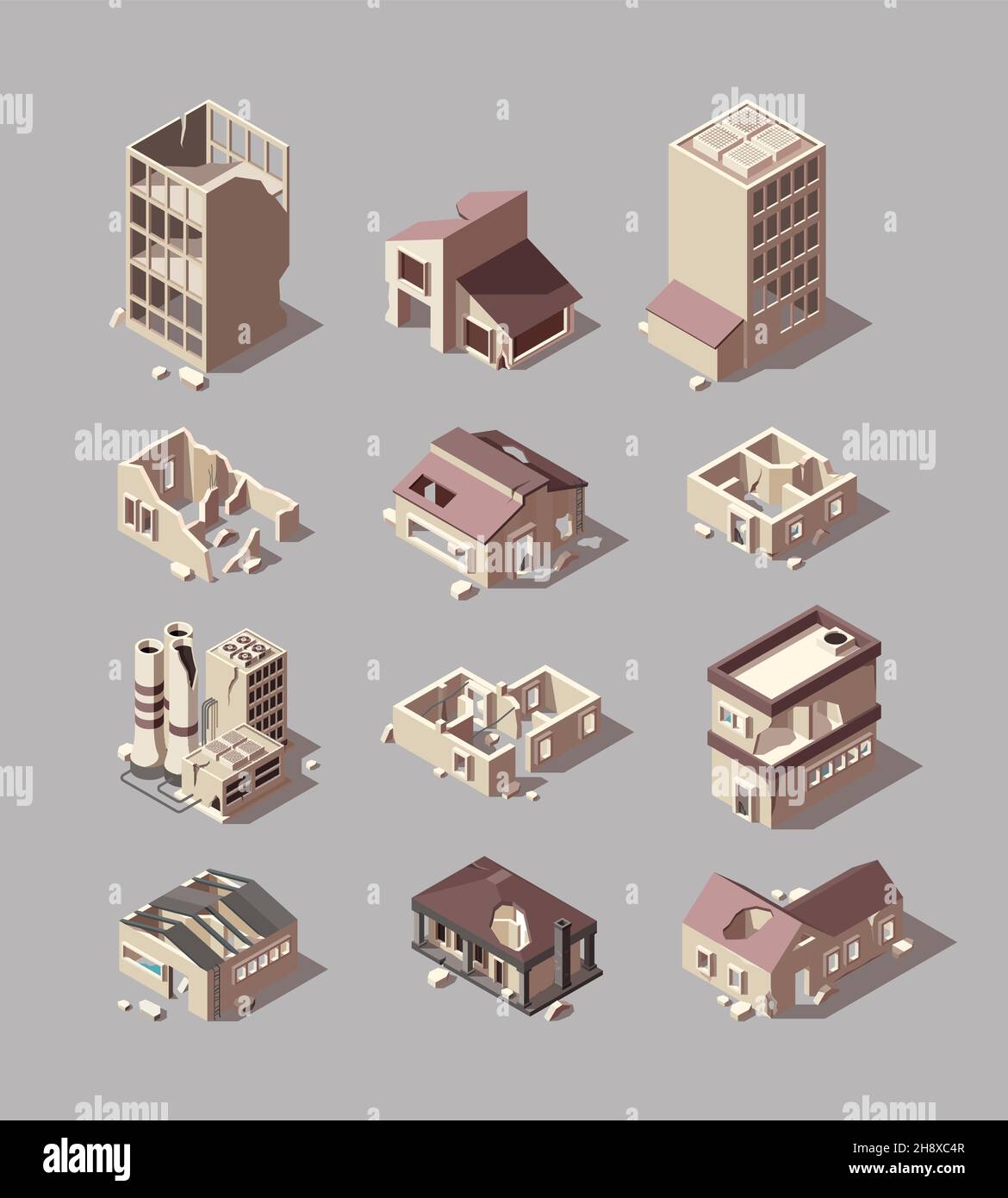 Destroyed buildings. Damaged urban isometric architectural objects bad ...
