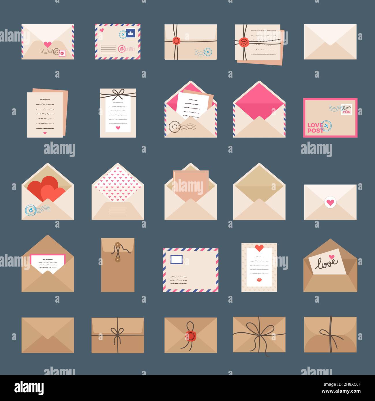 Envelopes and letters. Mail signs labels greeting cards romantic stamps ...
