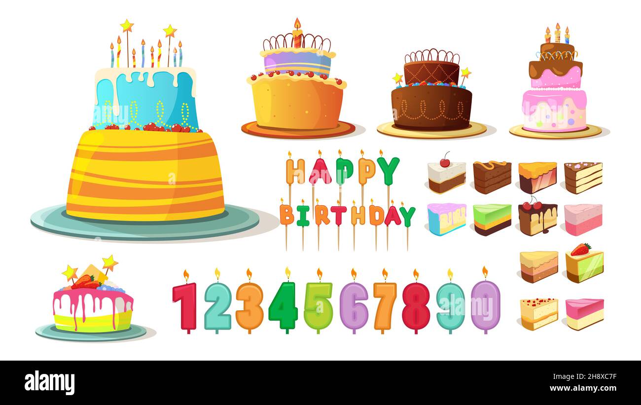 Birthday cake. Happy anniversary party cakes, bakery icons. Cartoon ...